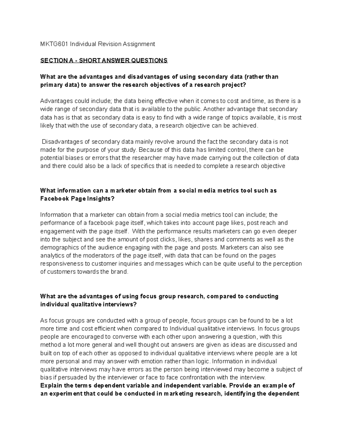 MKT3350 Individual Revision Assignment - MKTG601 Individual Revision ...