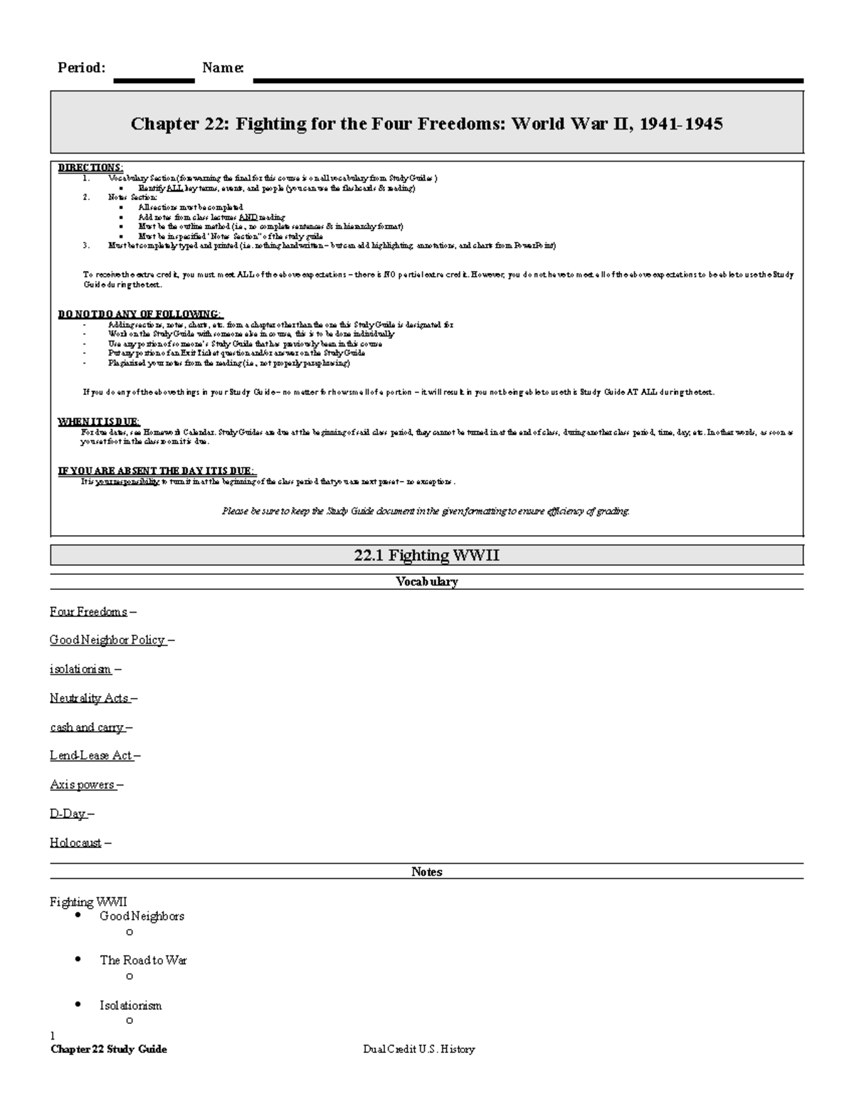 Ch 22 Study Guide - cool - Period: Name: Chapter 22: Fighting for the ...