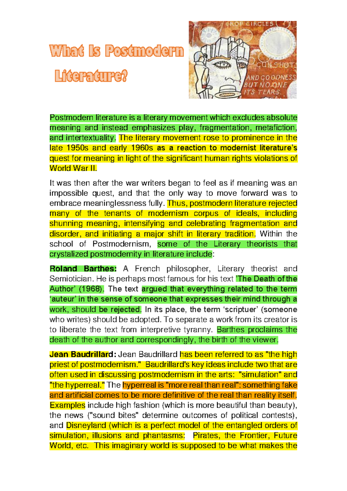 Postmodernism - Literatura Contemporánea - Postmodern literature is a ...