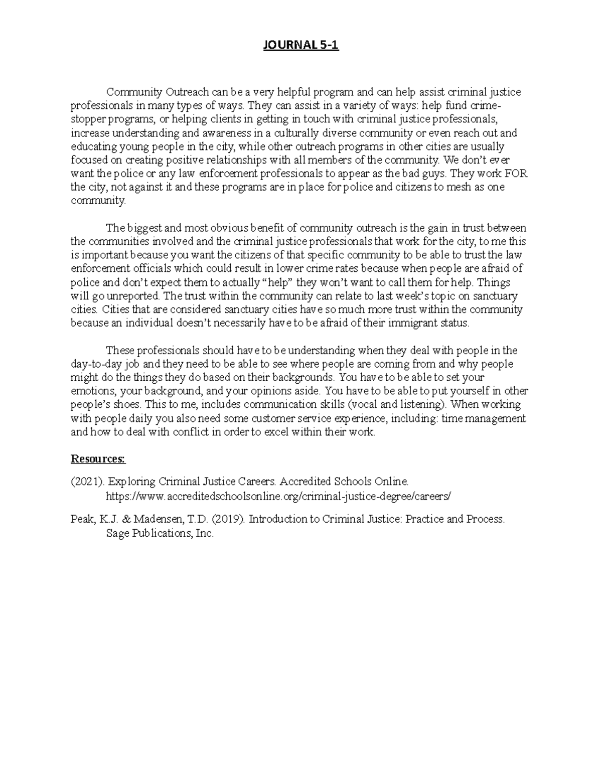 Criminal Justice 112 Module 5 Journal 5-1 - JOURNAL 5- Community ...
