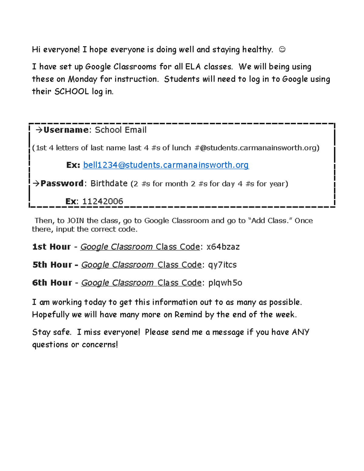 Remind Message - Joining Google Classroom - Hi everyone! I hope ...