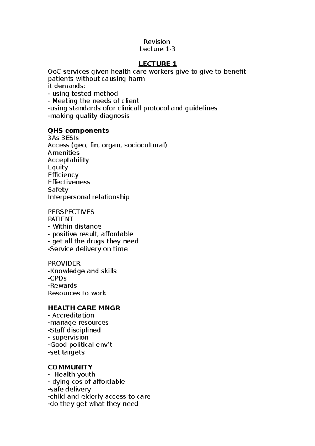 QA Revision - Summary of Quality assurance notes - Revision Lecture 1 ...