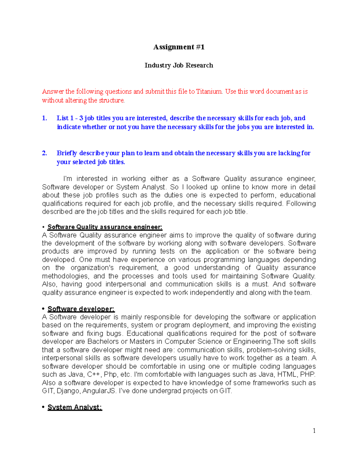 HW1 Project - Grade: A- Assignment #1 Industry Job Research Answer the ...