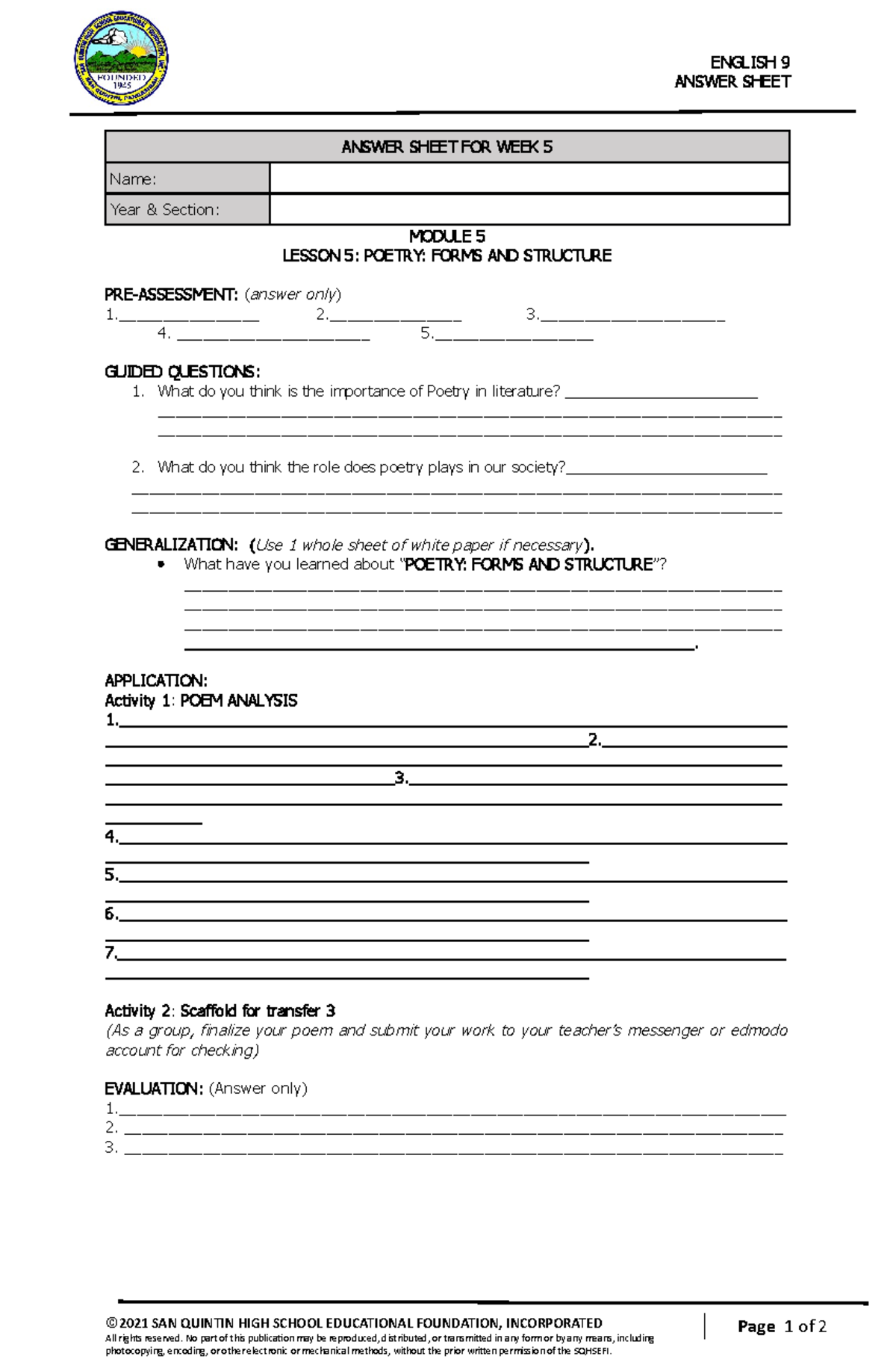 Answer Sheet FOR WEEK 5 & 6 Answer Sheet FOR WEEK 1 & 2 for modules ...