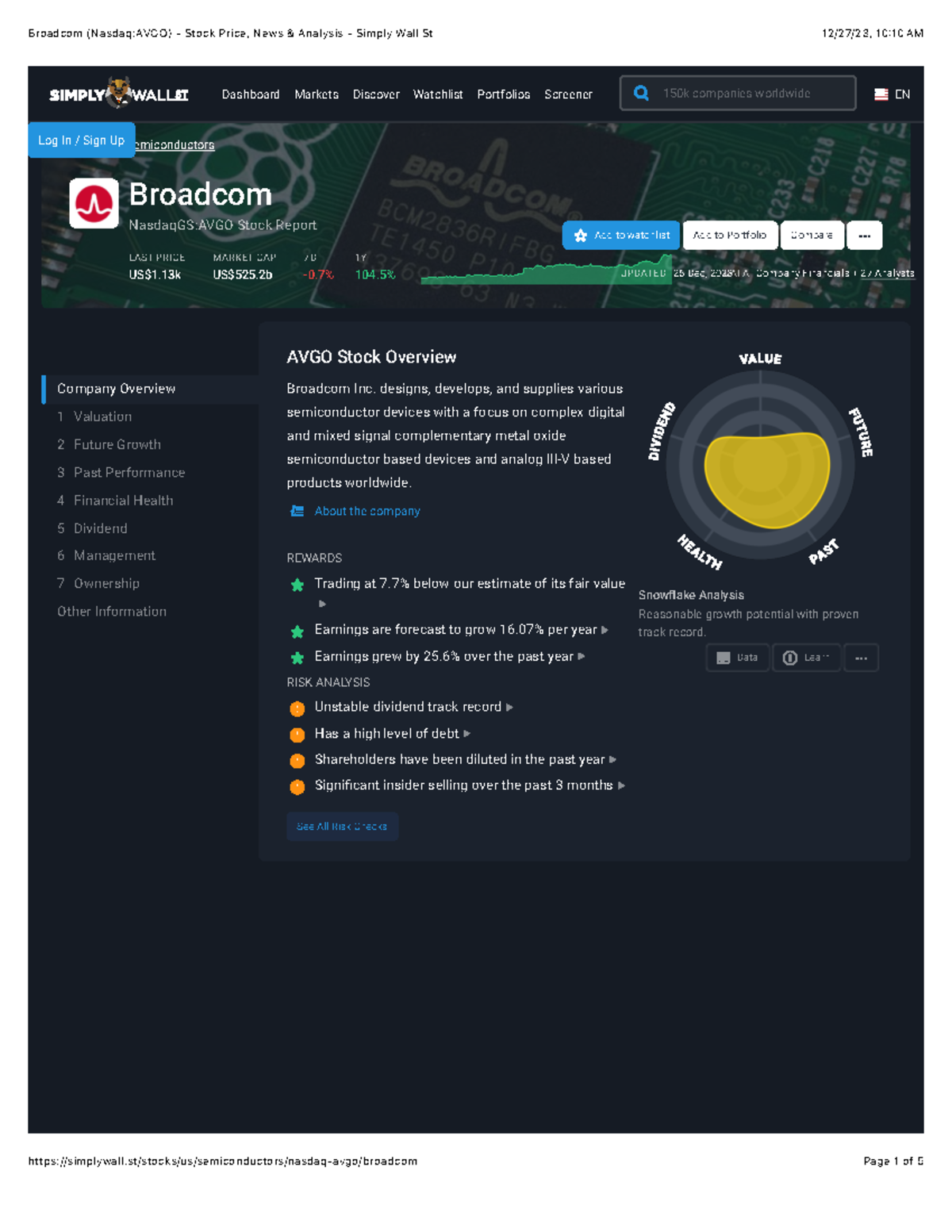 Broadcom (AVGO) - Stock Price & Analysis - Simply Wall St - Company ...