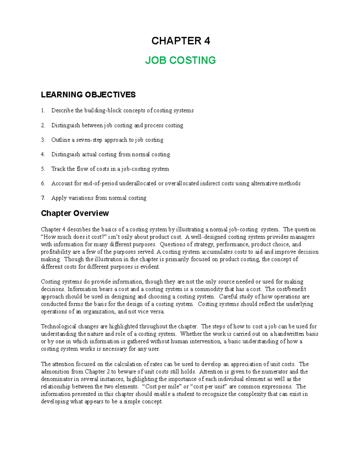 Ch04 Job Costing - Cost-Accounting - CHAPTER 4 JOB COSTING LEARNING OBJECTIVES Describe the ...