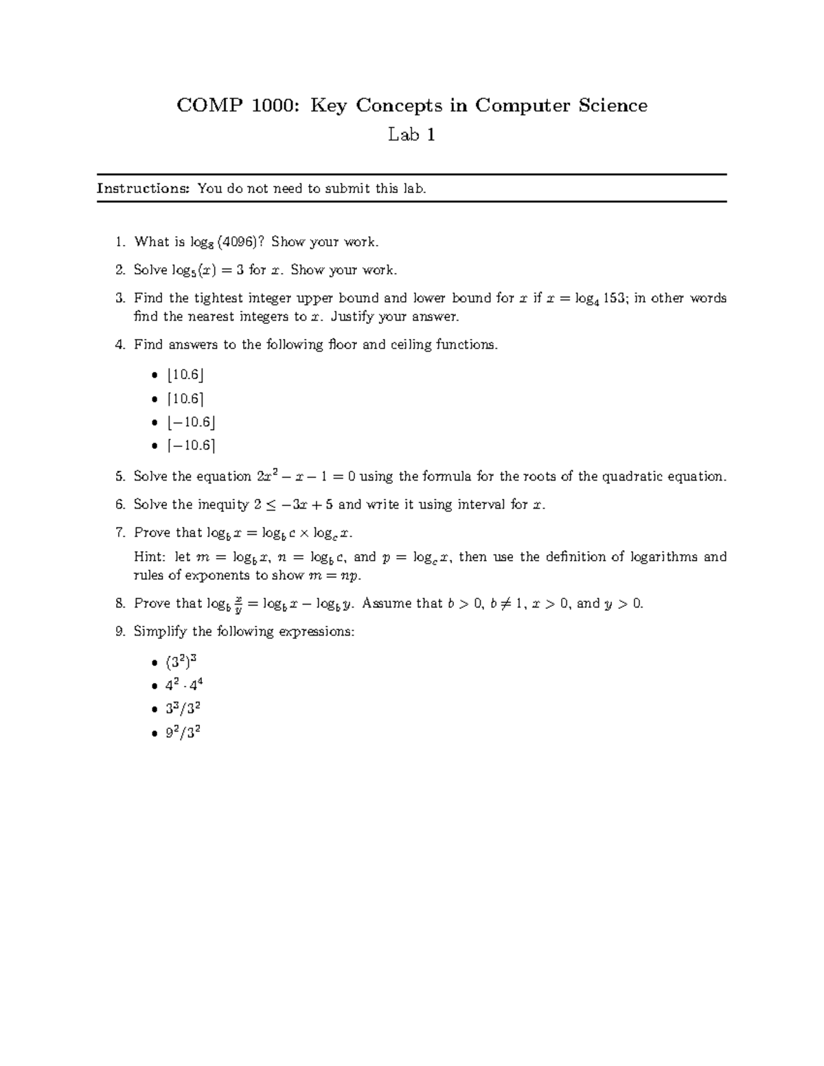Comp 1000 Lab 1 Lab Comp 1000 Key Concepts In Computer Science Lab 1 Instructions You Do