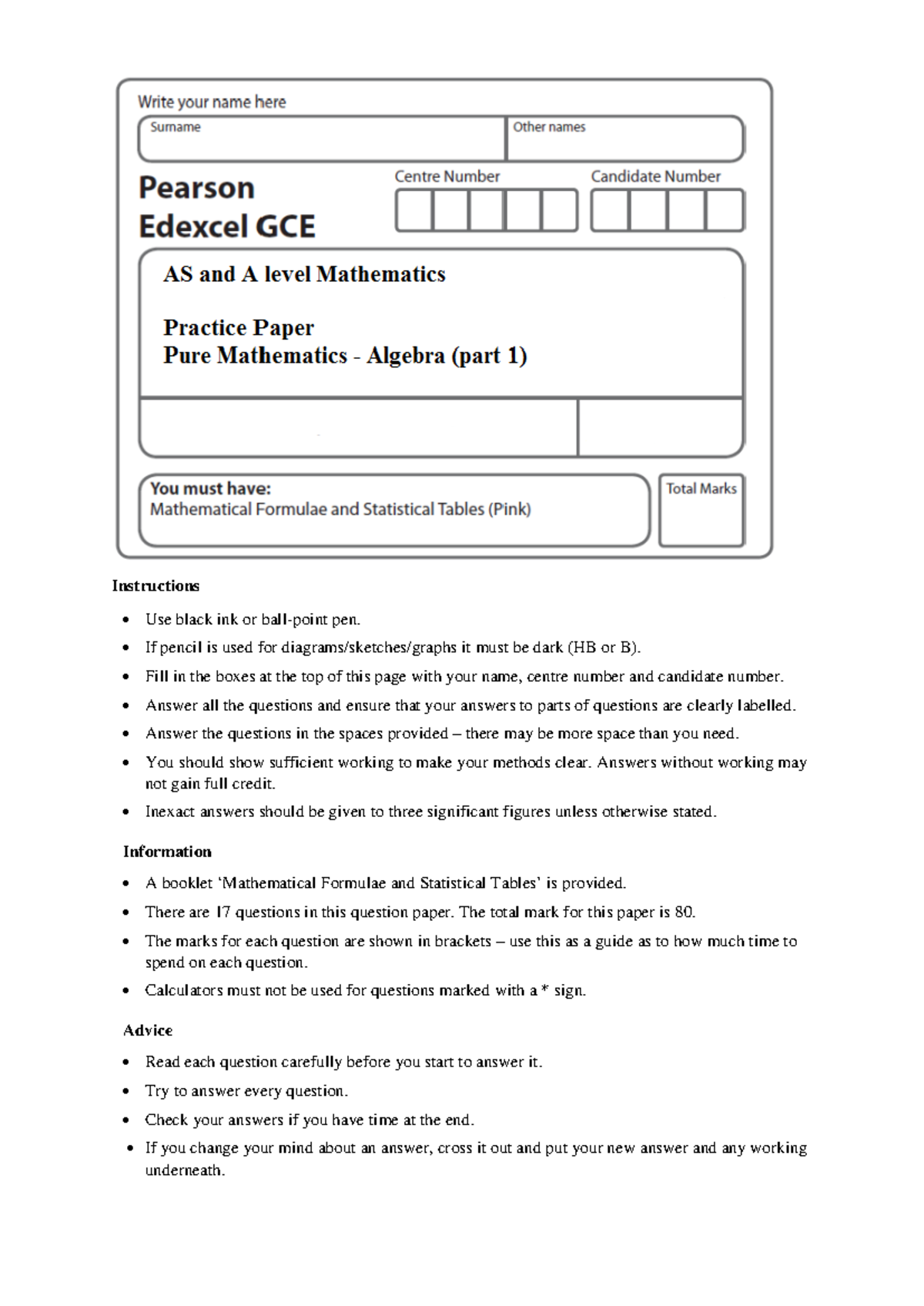 Algebra part 1 - Instructions Use black ink or ball-point pen. If ...
