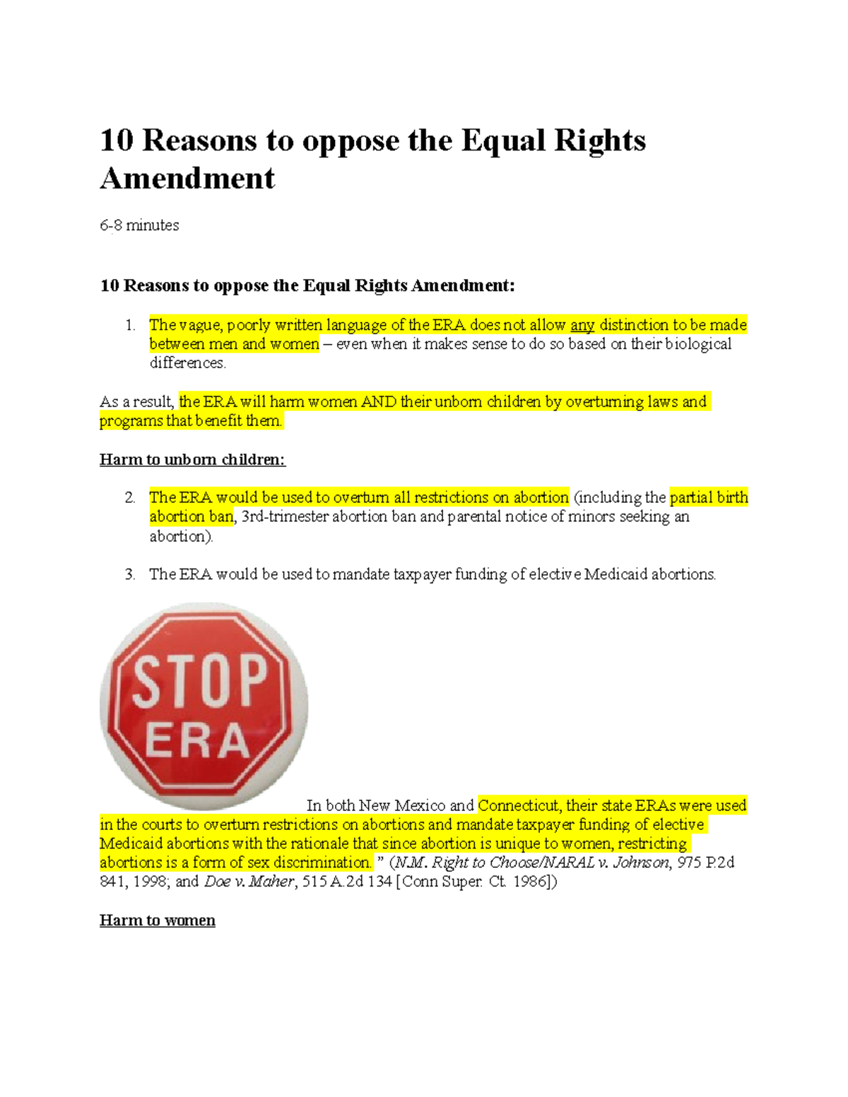 10 Reasons to oppose the Equal Rights Amendment - As a result, the ERA ...
