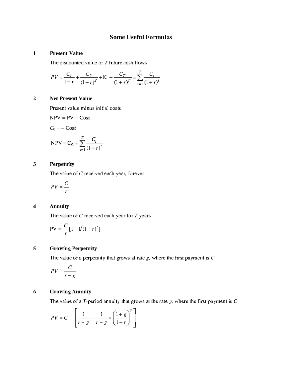 Formula Card Sheet - aaa aaaaa aaaaa - Some Useful Formulas 1 Present ...