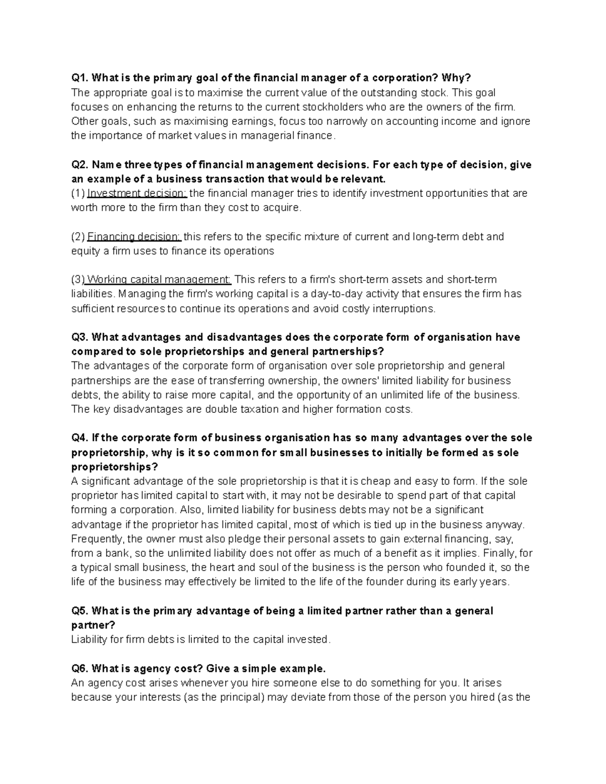 Tutorial 1 - BSNS114 - Q1. What is the primary goal of the financial ...