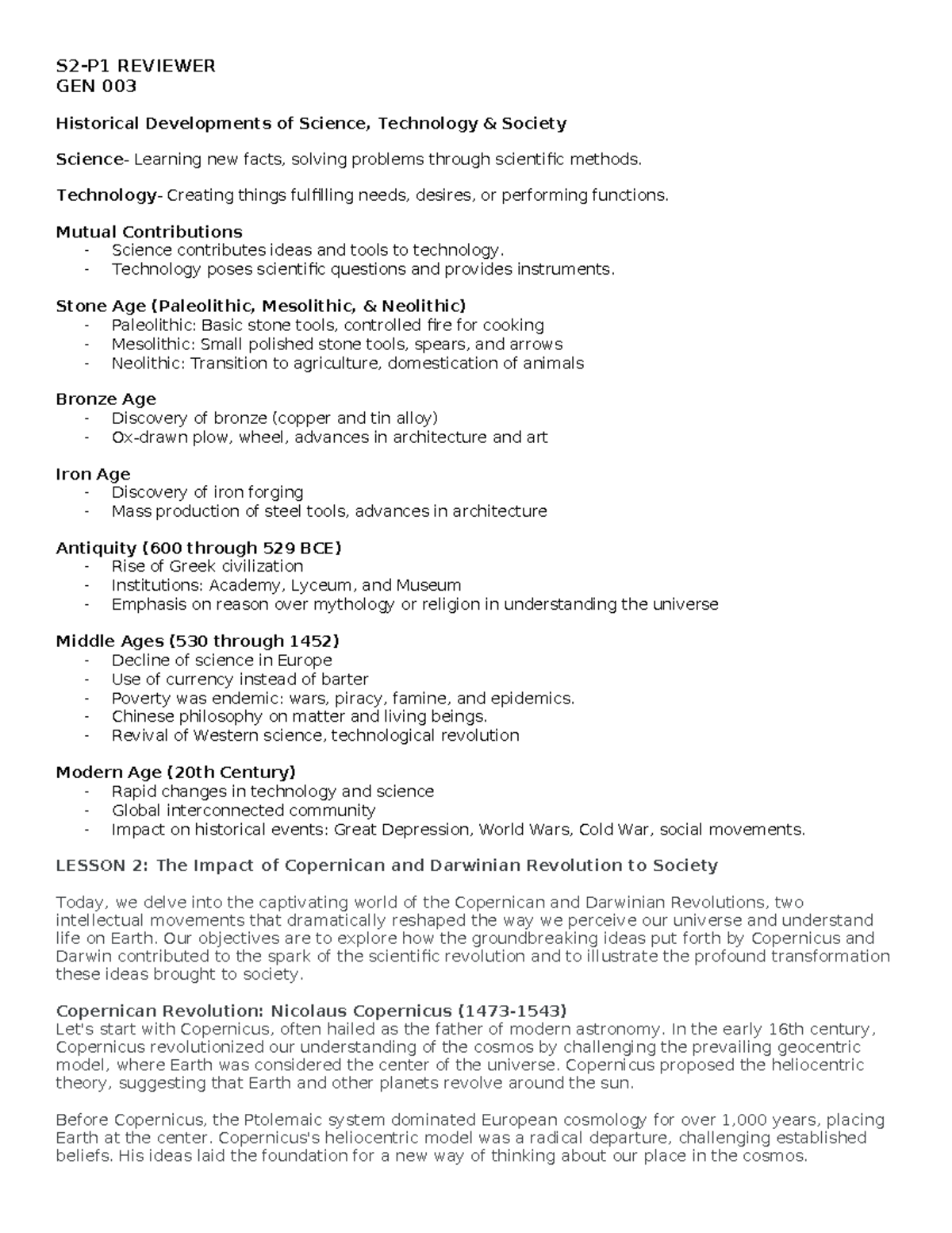 S2-P1- Reviewer - S2-P1 REVIEWER GEN 003 Historical Developments of Science, Technology & - Studocu
