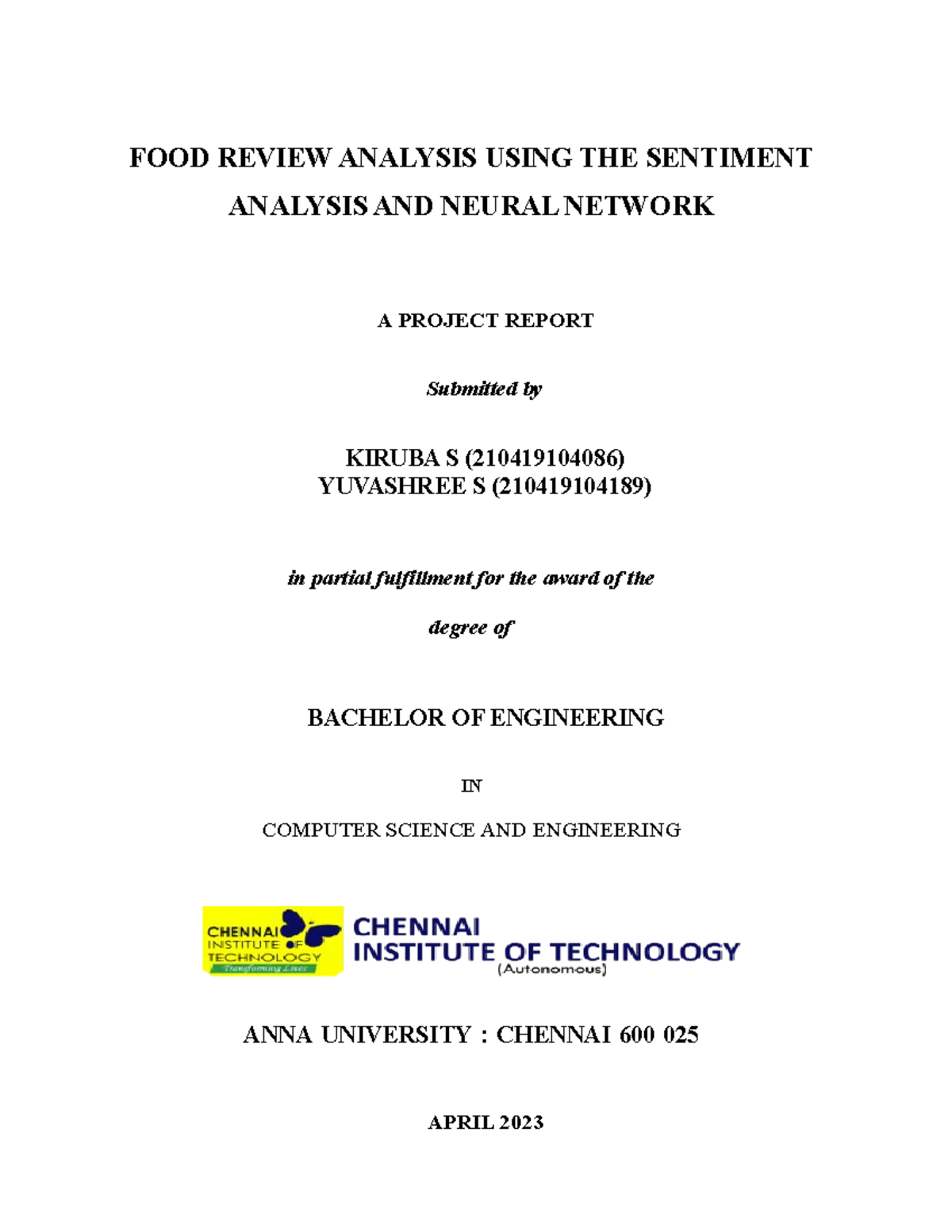 Cover page Final - FOOD REVIEW ANALYSIS USING THE SENTIMENT ANALYSIS ...