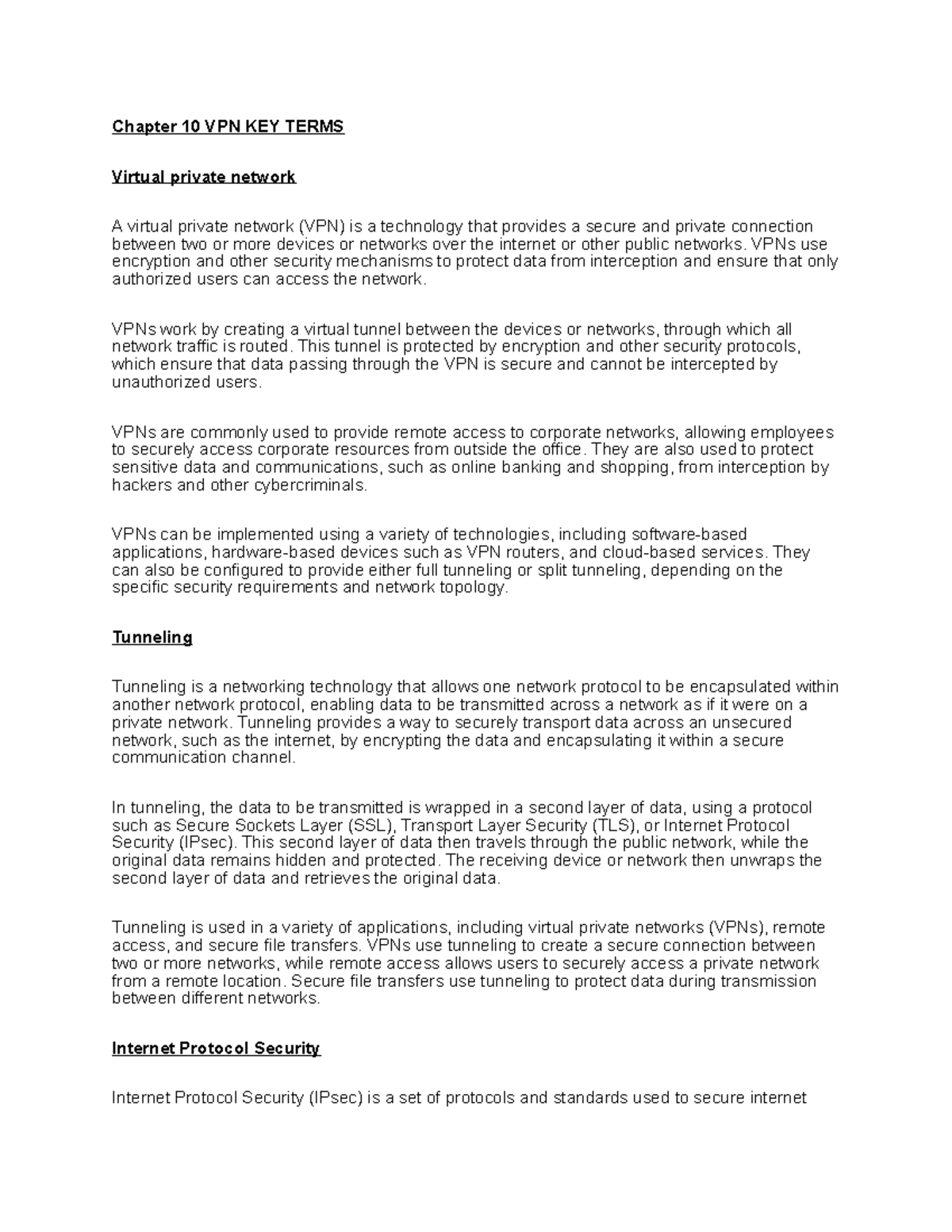 Chapter 10 VPN KEY Terms - Chapter 10 VPN KEY TERMS Virtual private ...
