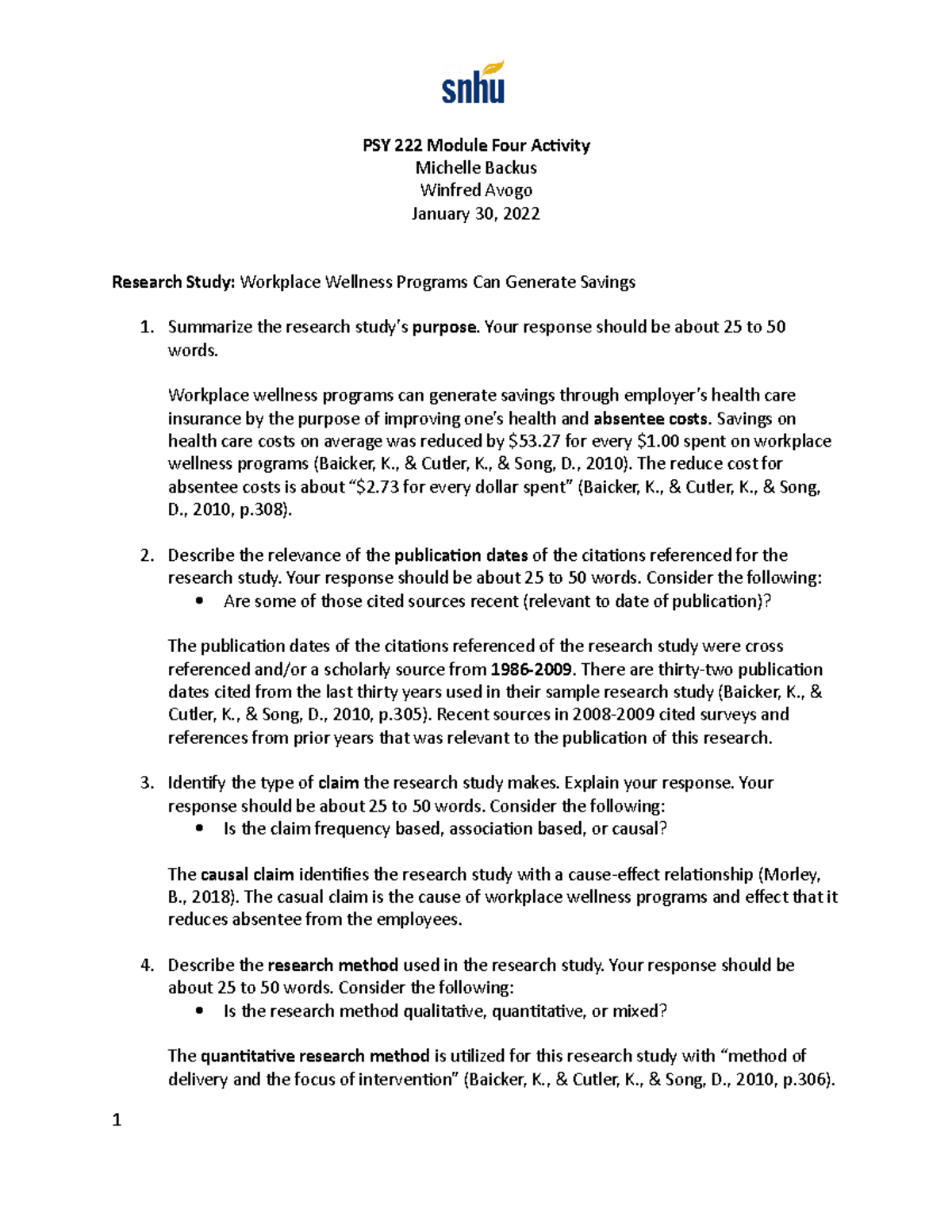 PSY 222 4-2 research paper - PSY 222 Module Four Activity Michelle Backus Winfred Avogo January ...