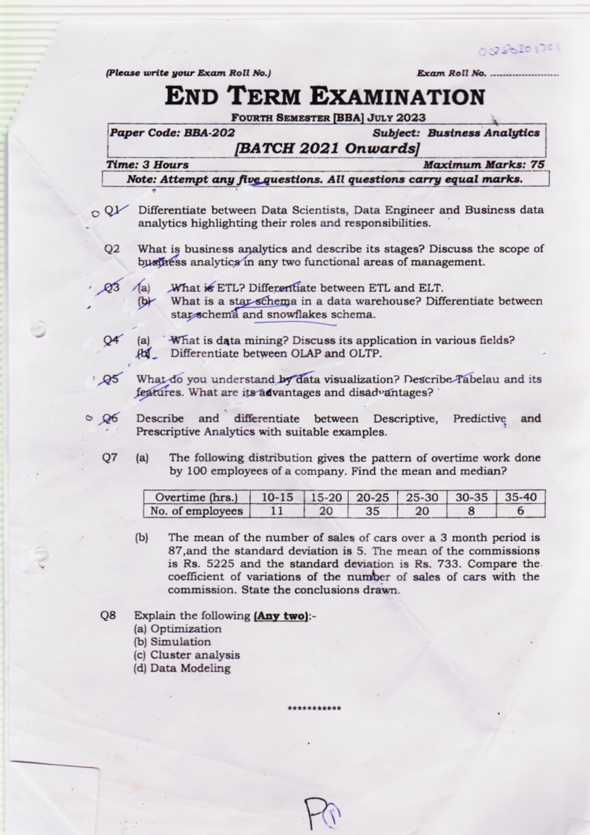 Business Analytics - Previous year Question Paper - Bachelors of ...