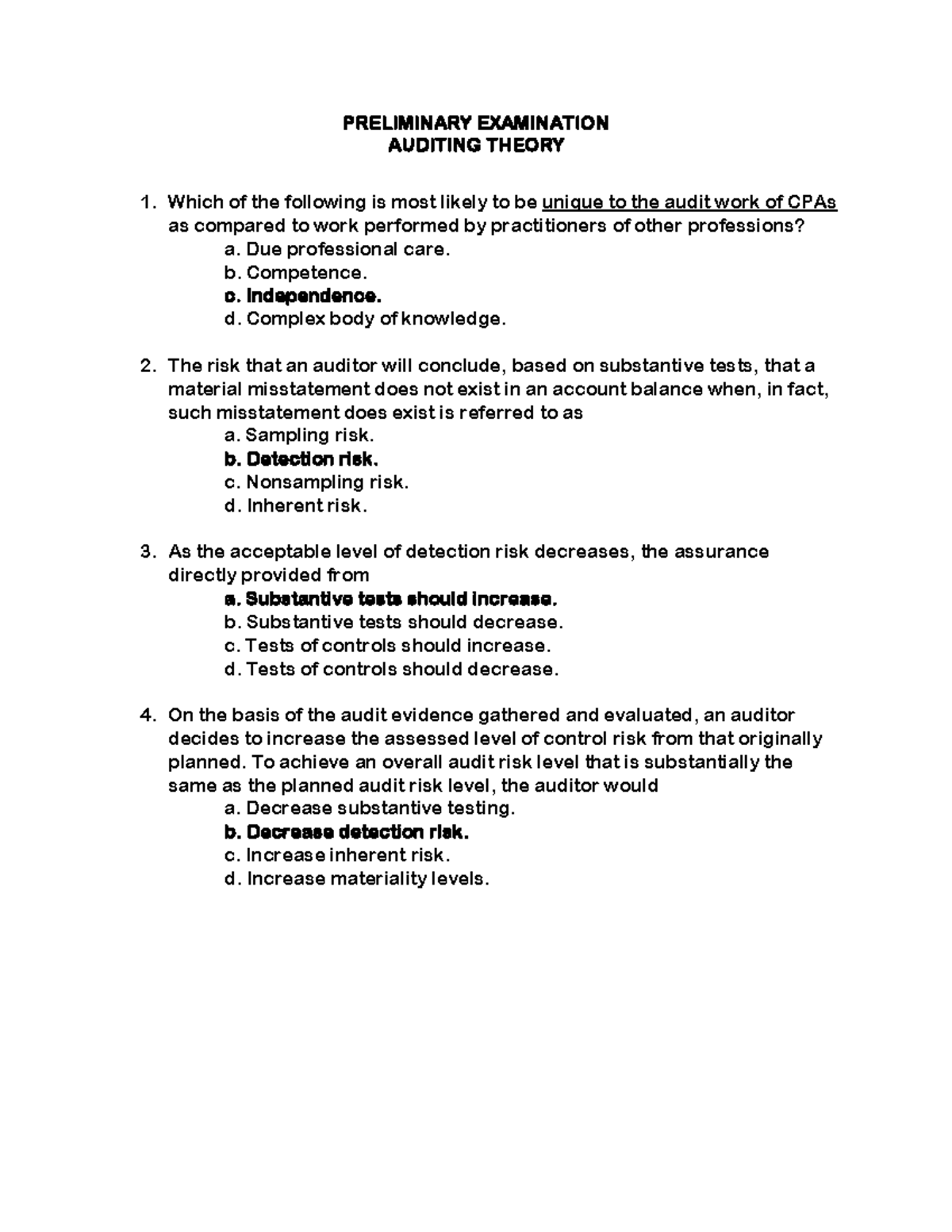 Preliminary Examination - PRELIMINARY EXAMINATION AUDITING THEORY Which ...