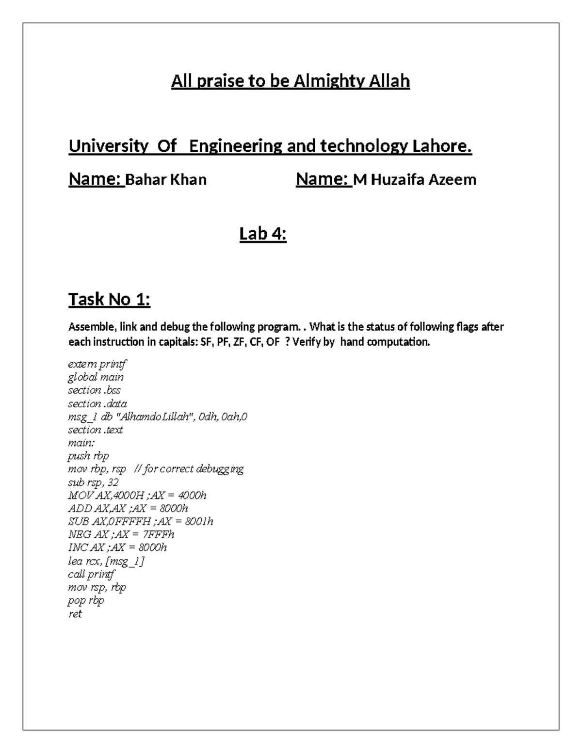 Lab 4 - huhguhuugvhhgvhgnjgh - All praise to be Almighty Allah University Of Engineering and ...