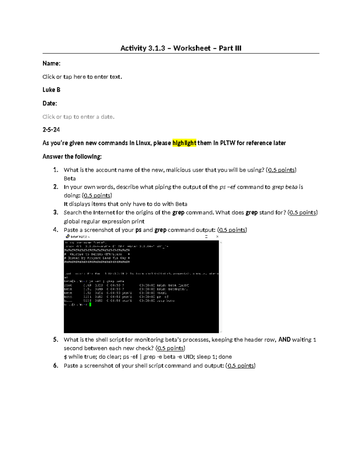 Cyber Activity 3.1 - Activity 3.1 – Worksheet – Part III Name: Click or ...