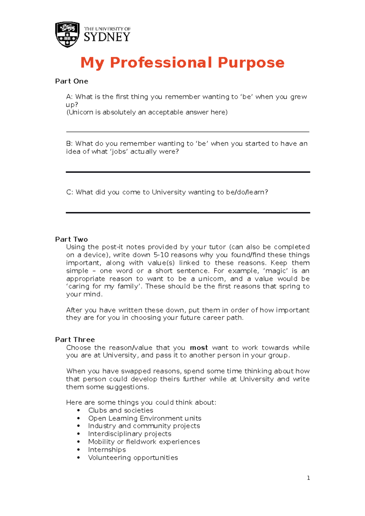 Professional Purpose Worksheet - My Professional Purpose Part One A ...