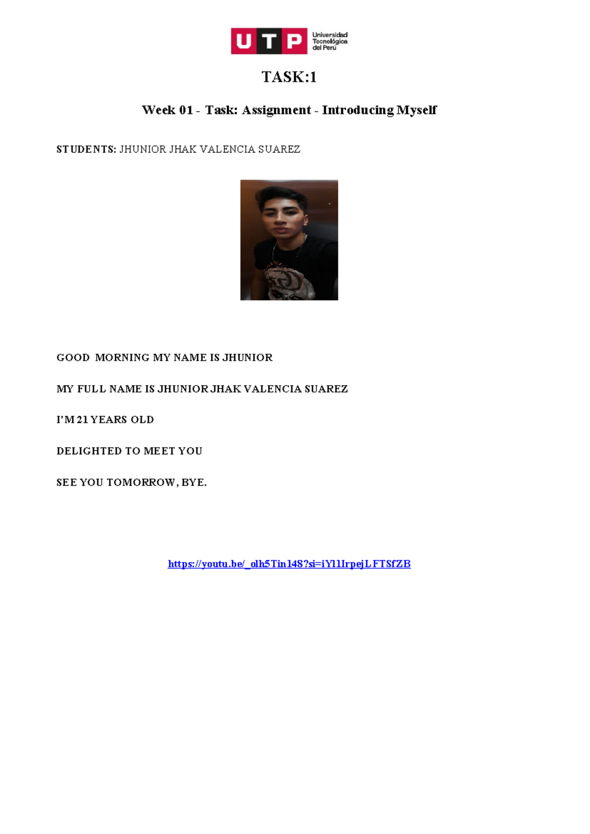 Ingles I Sm1 - bntyhtyhkj, - TASK: Week 01 - Task: Assignment - Introducing Myself STUDENTS ...