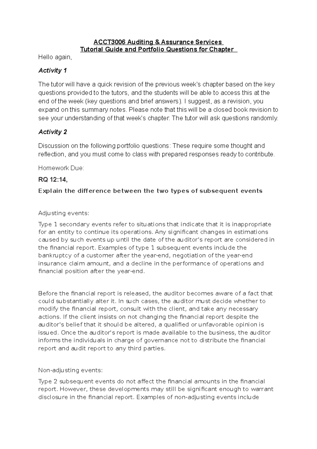 Week 12 hw - Audit - ACCT3006 Auditing & Assurance Services Tutorial Guide and Portfolio - Studocu