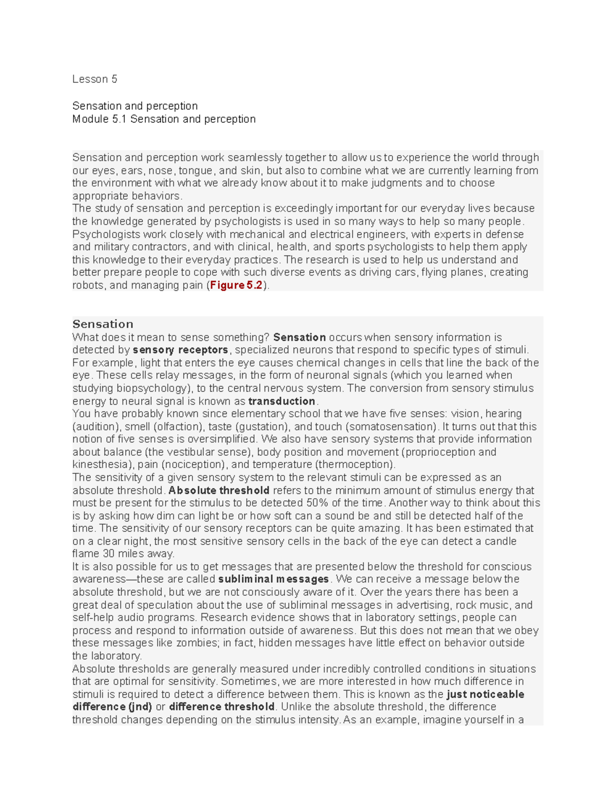 Psy lesson 5 - Sensation and perception - Lesson 5 Sensation and perception Module 5 Sensation ...