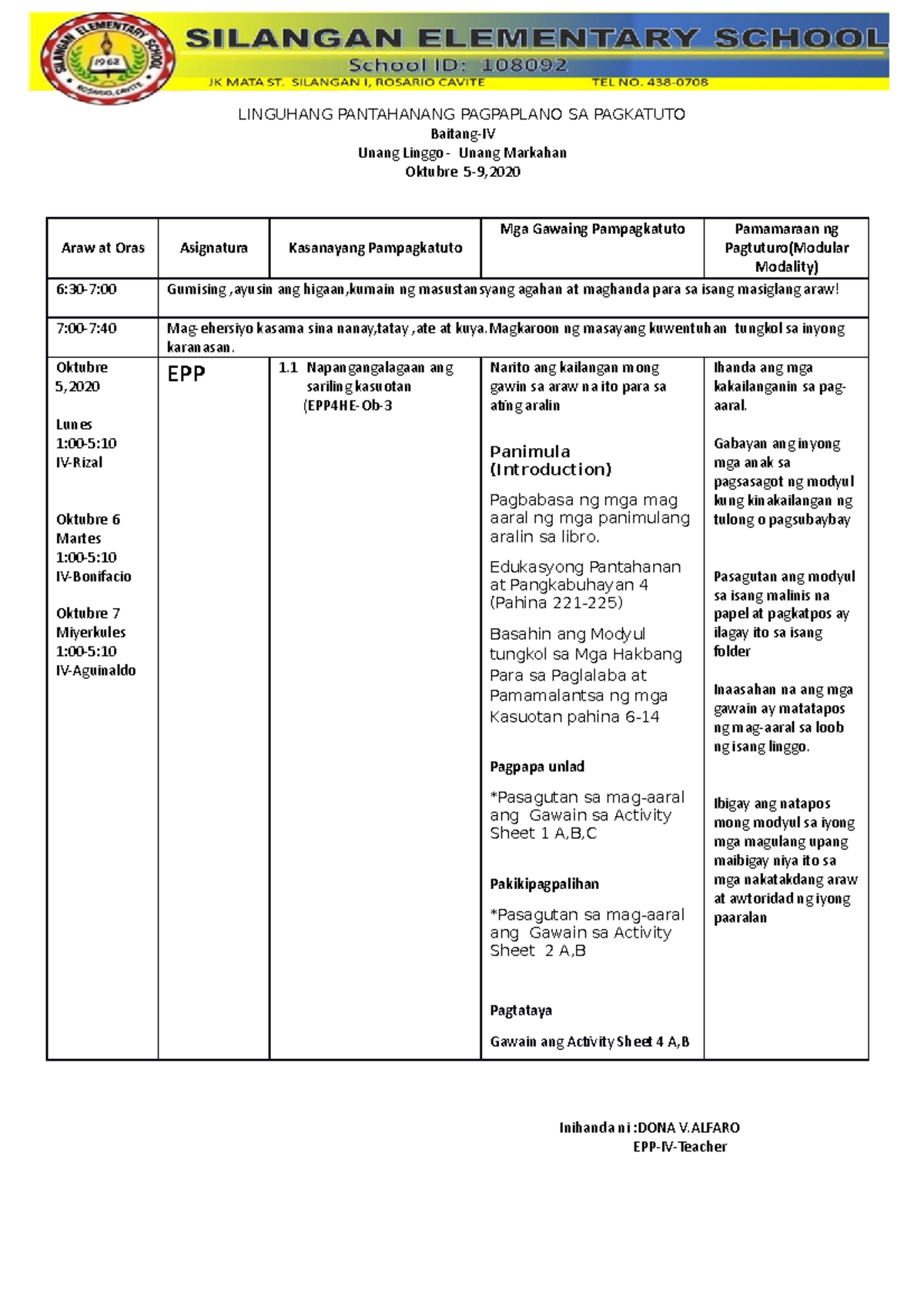 1 EPP Weekly Home Learning Plan HE - LINGUHANG PANTAHANANG PAGPAPLANO ...