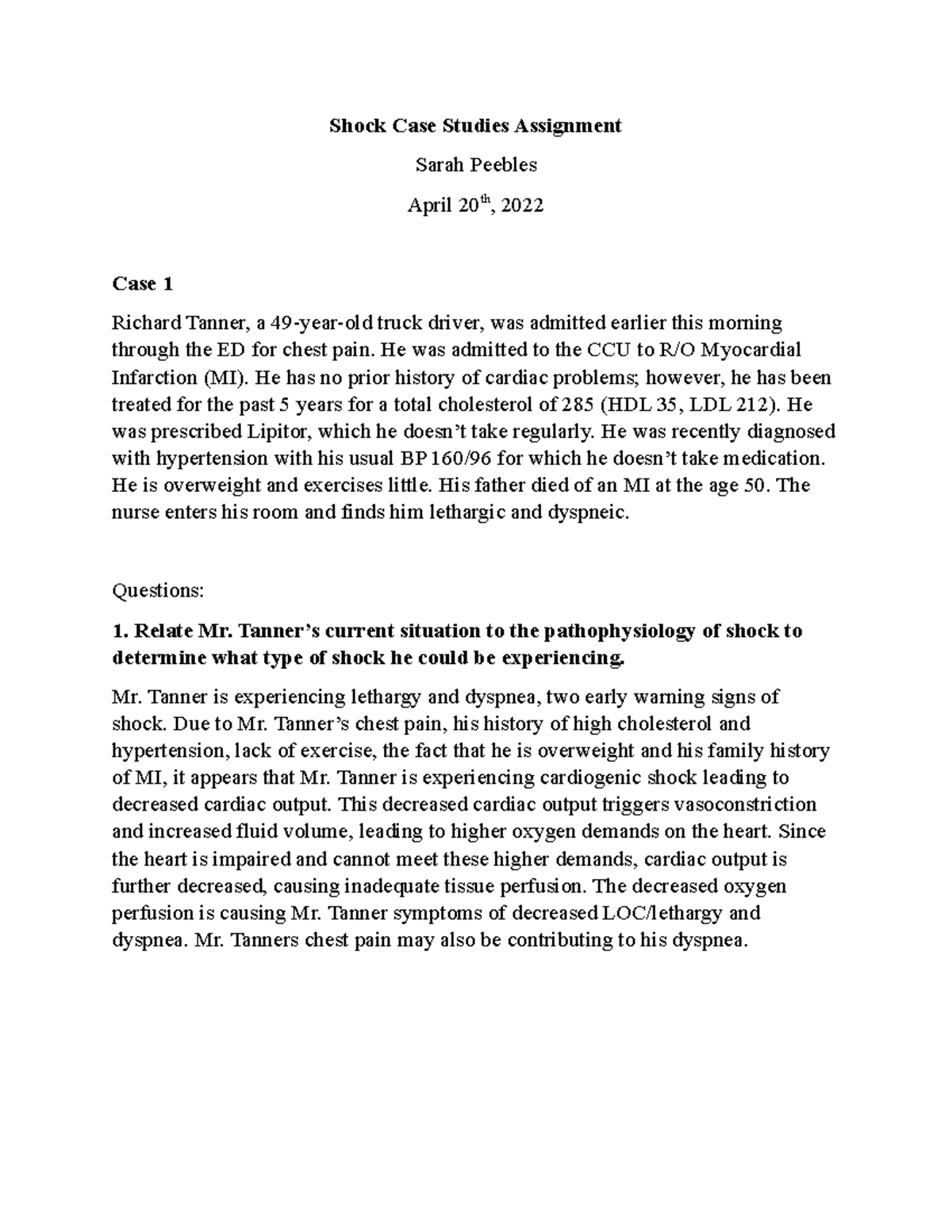 Shock Case Studies Assignment - He was admitted to the CCU to R/O ...