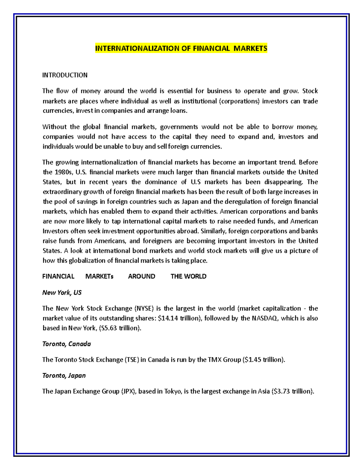 Internationalization OF Financial Markets - INTERNATIONALIZATION OF ...