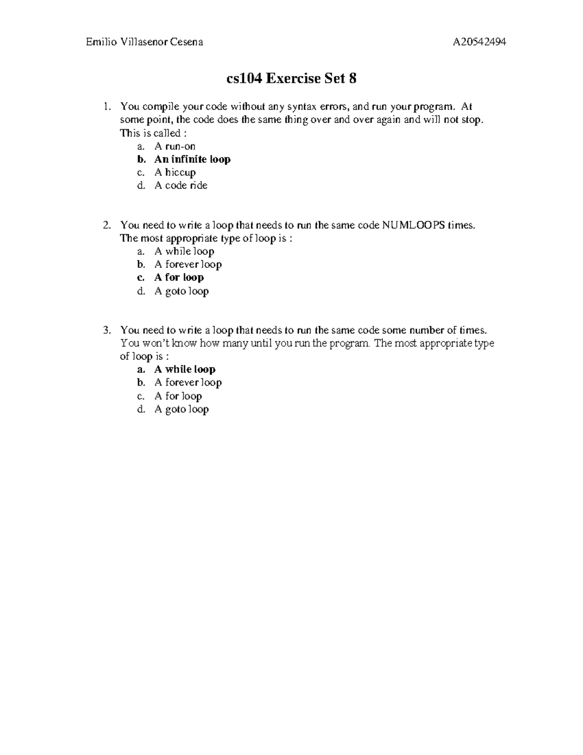 CS 104 Lab 8 - Lab 8 - cs104 Exercise Set 8 You compile your code without any syntax errors, and ...