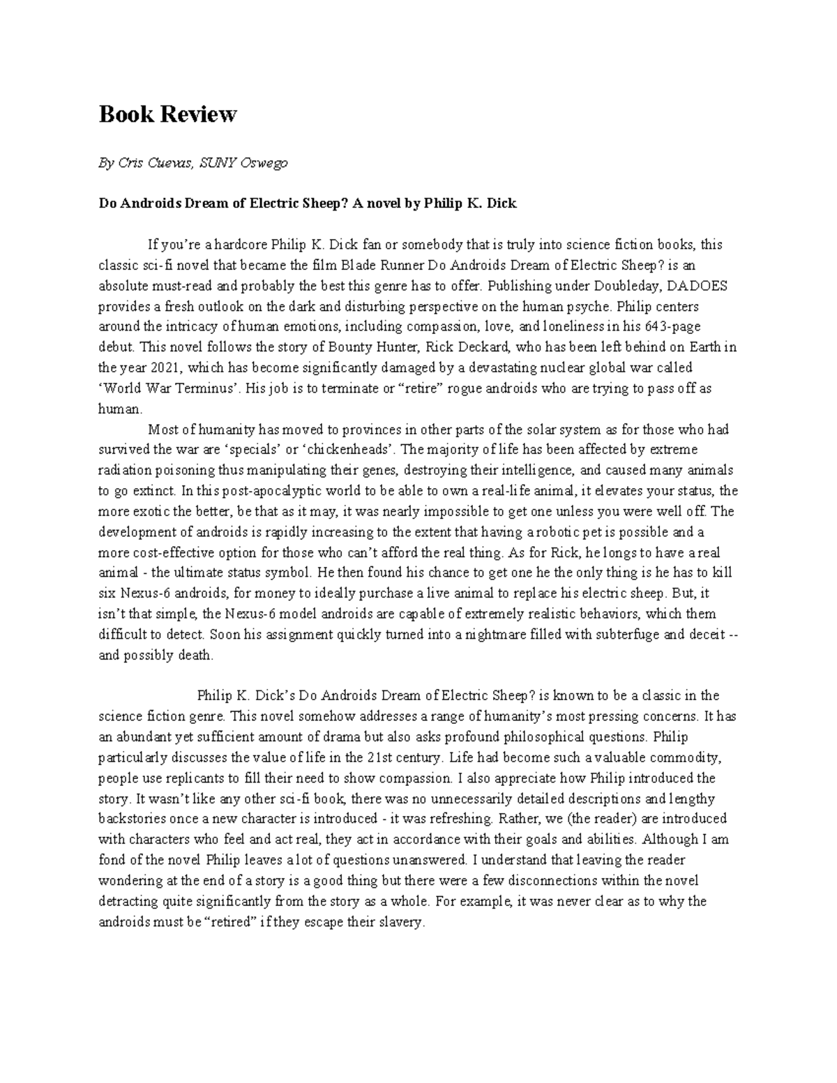 Book Review - Book Review By Cris Cuevas, SUNY Oswego Do Androids Dream ...