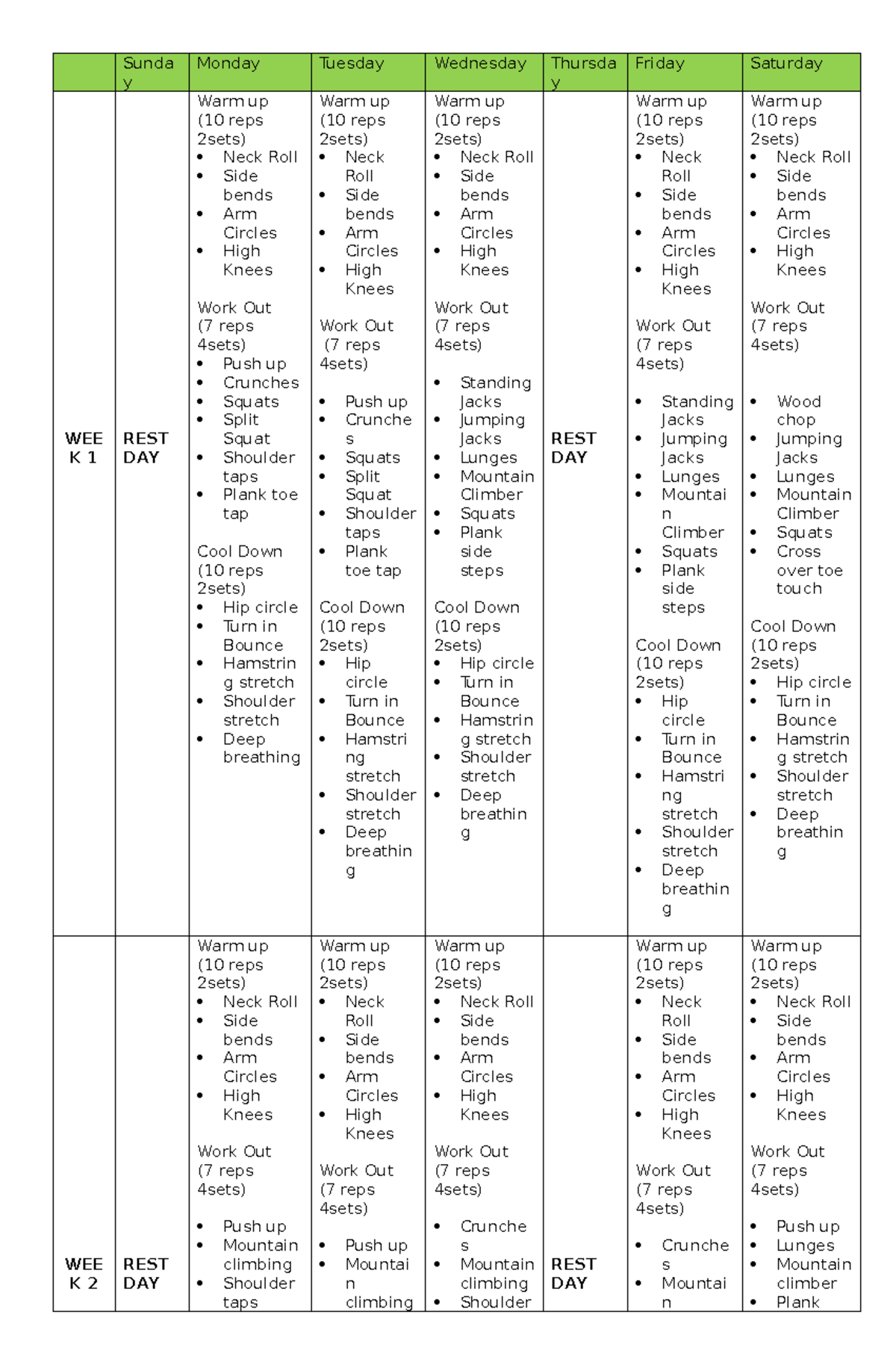 WORK-OUT-PLAN For three weeks - Sunda y Monday Tuesday Wednesday ...