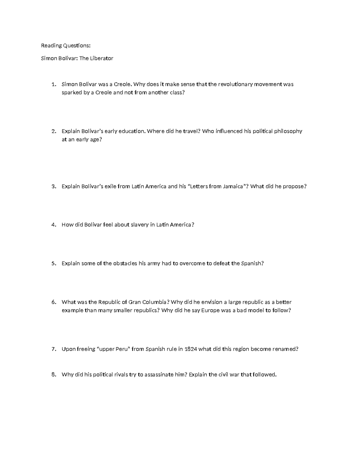 6.1 Simon Bolivar questions - Reading Questions: Simon Bolivar: The ...