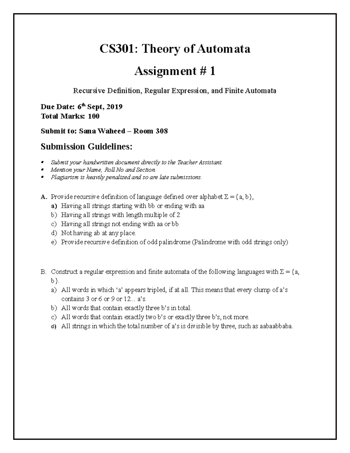 Assignment 1-Updated - assdaaaaaaaaaaaaaaaaaaaaaaa - CS301: Theory of Automata Assignment # 1 ...