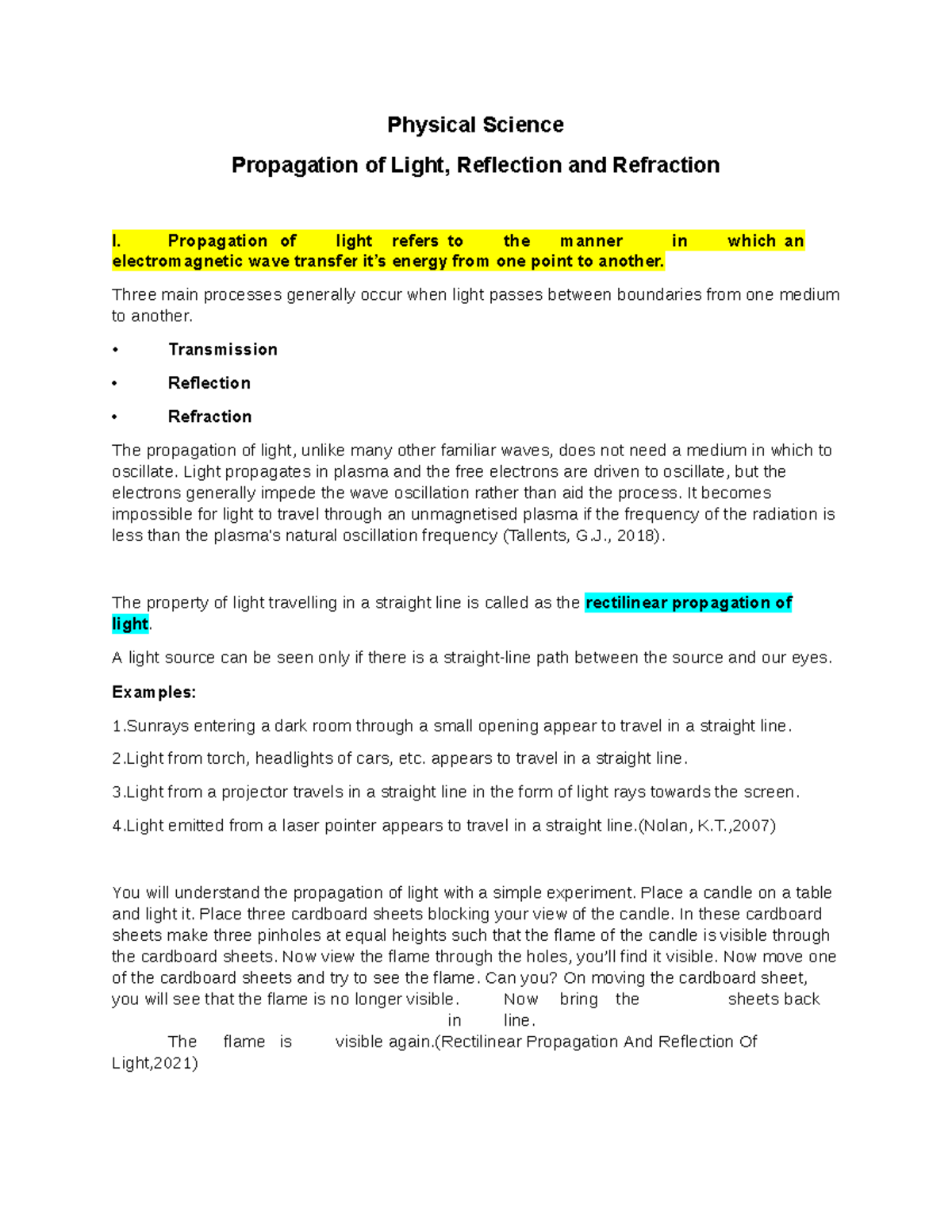 Physical Science Propagation Of Light Reflection And Refraction