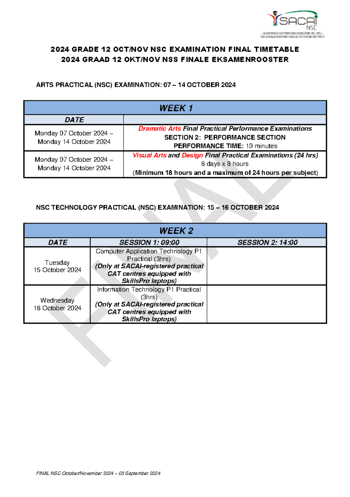 Final NSC OCT NOV 2024 timetable - 2024 GRADE 12 OCT/NOV NSC ...