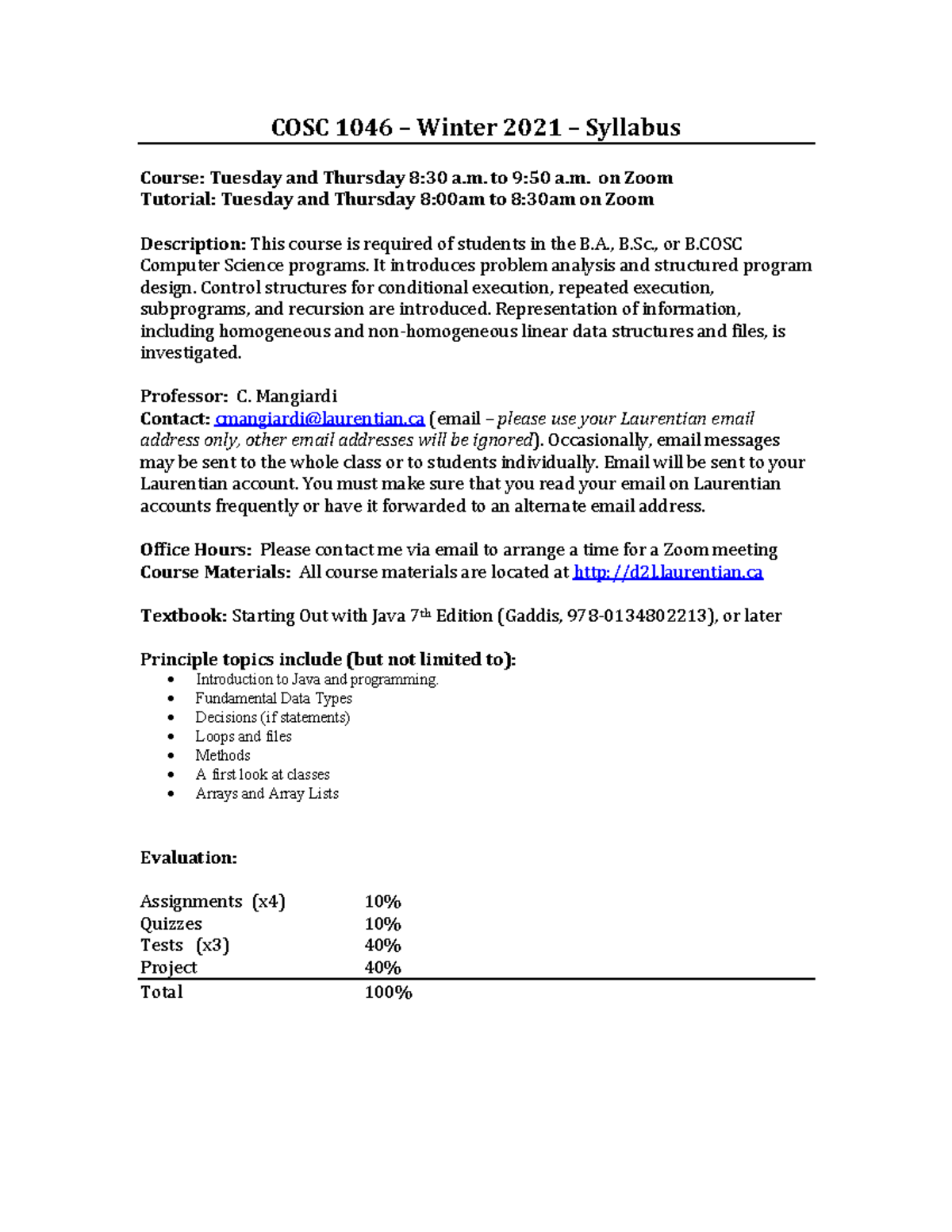 Cosc1046 Syllabus Cosc 1046 Winter 2021 Syllabus Course Tuesday And Thursday 830 A To