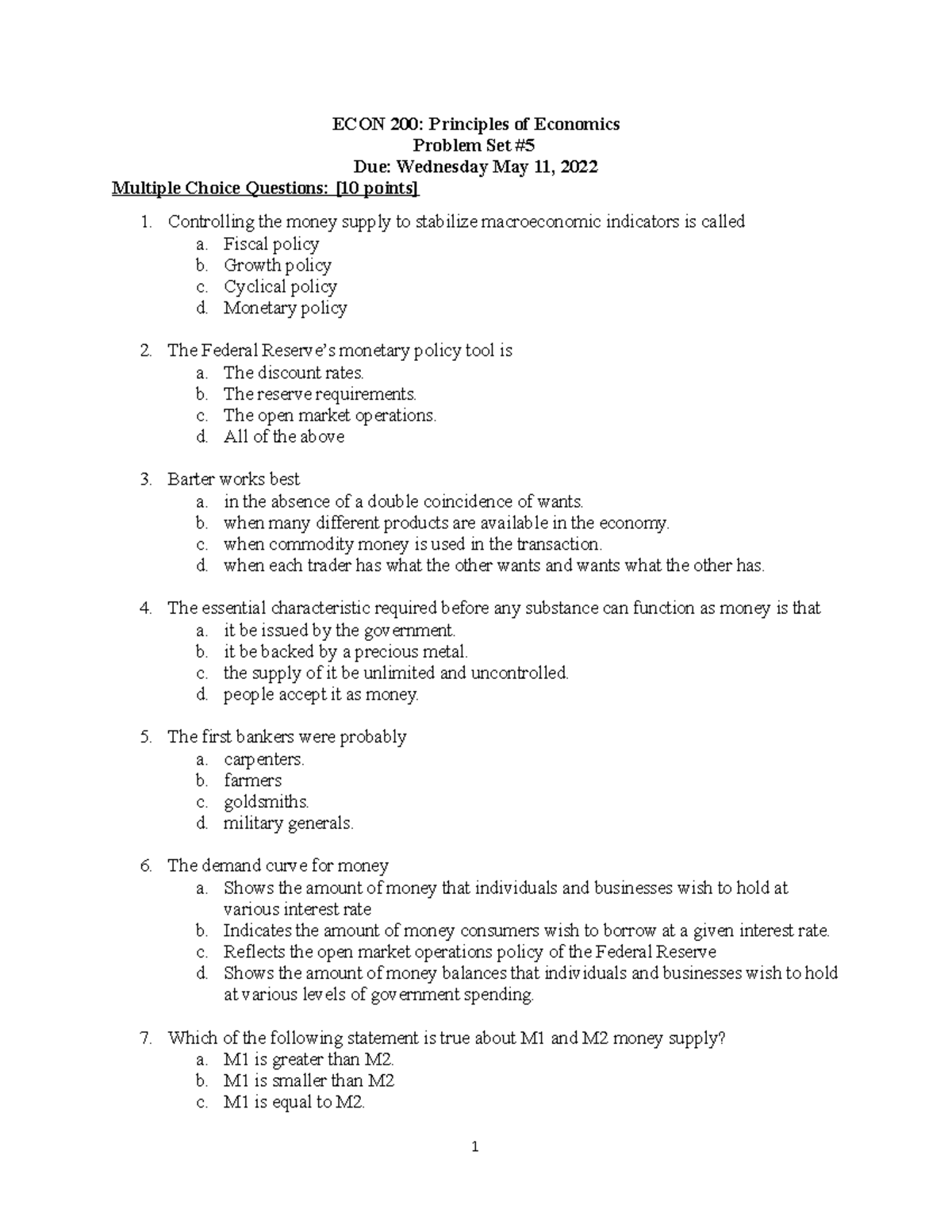 ECON200 Problem Set 5 - Econ - ECON 200: Principles of Economics ...
