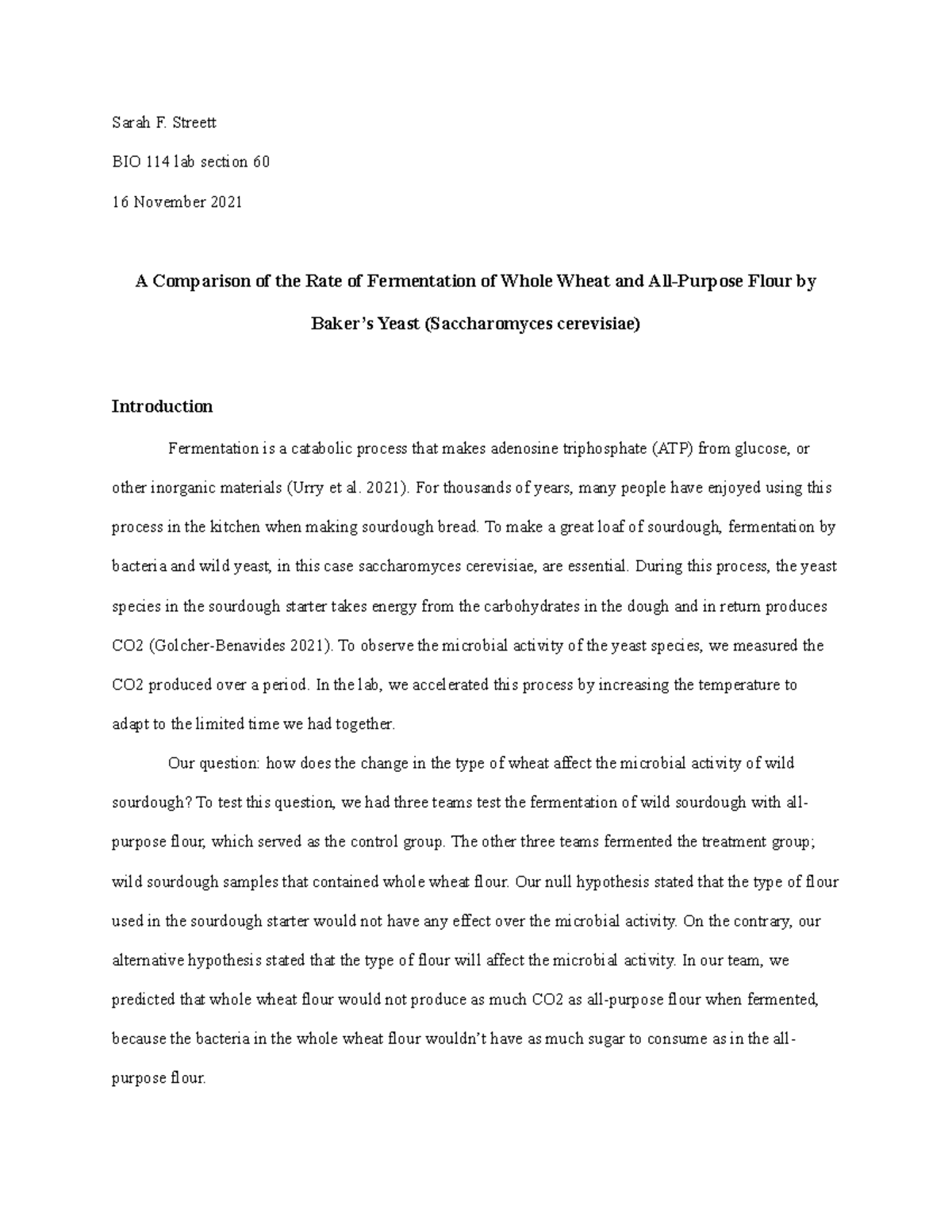 BIO 114 Final Lab Report - Sarah F. Streett BIO 114 lab section 60 16 ...