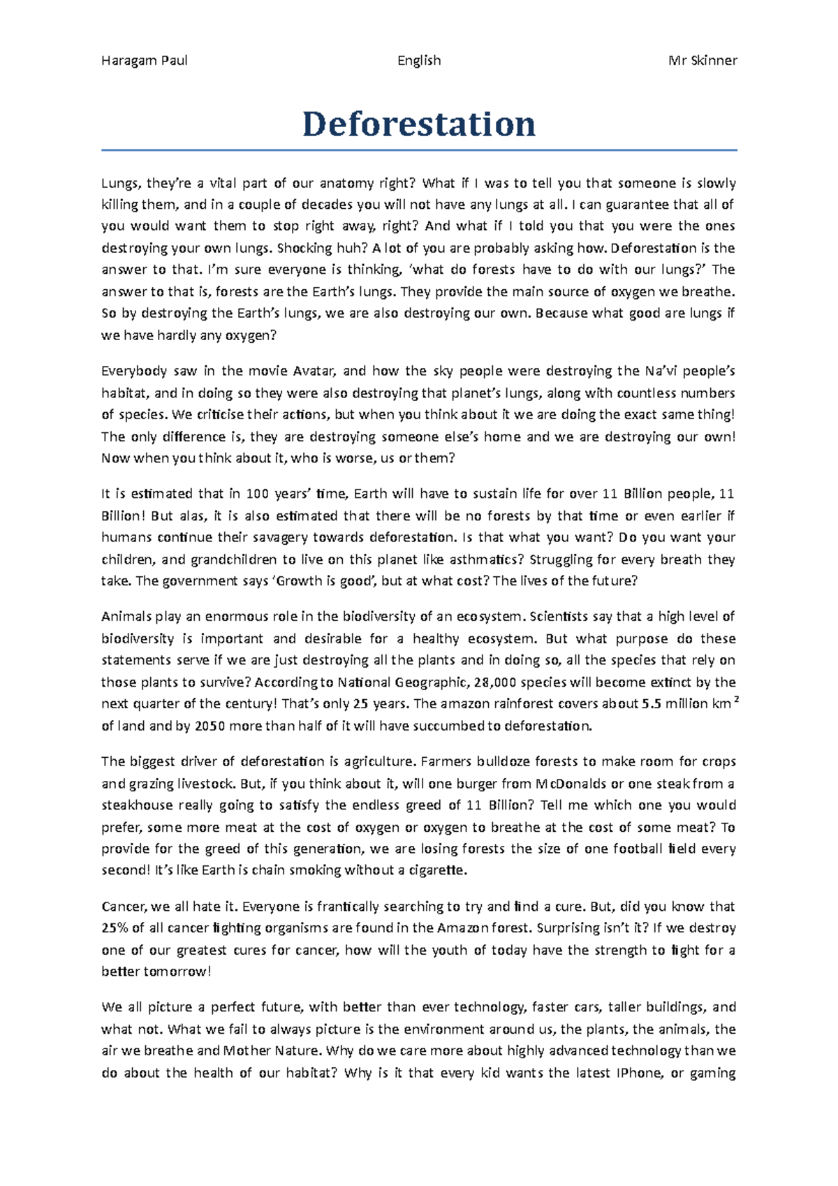 Deforestation oral - Oral - Haragam Paul English Mr Skinner ...