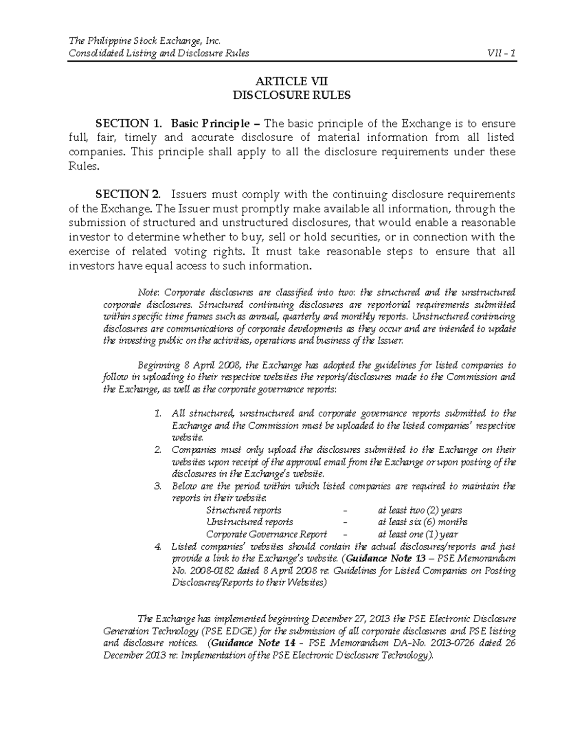 Article VII Disclosure Rules - Consolidated Listing and Disclosure ...