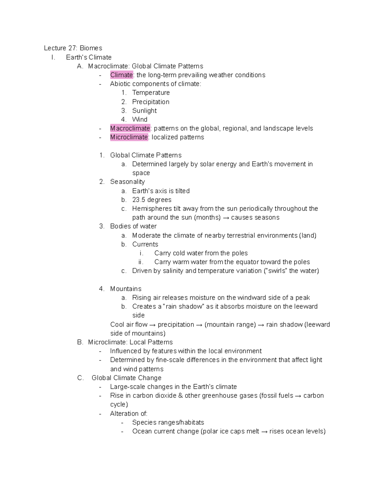 Lecture 27 Biomes Notes - Lecture 27: Biomes I. Earth’s Climate A ...
