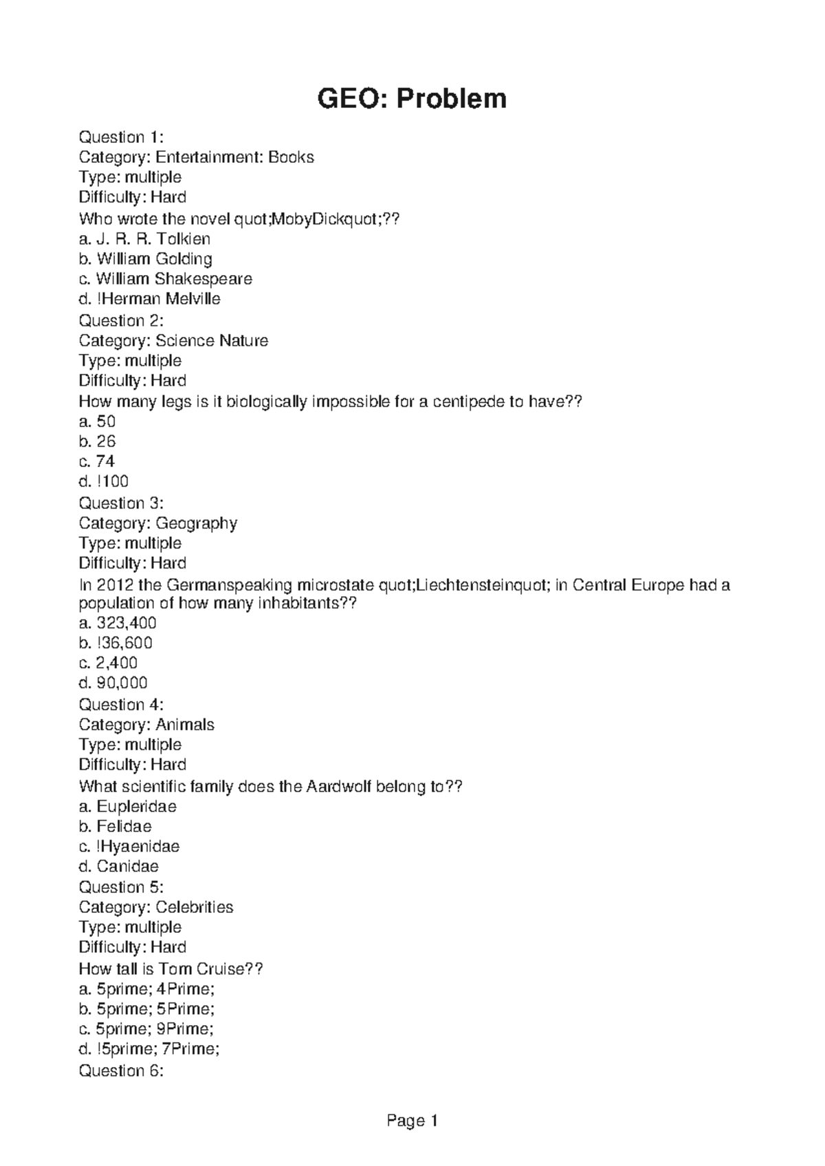 GEO147-Test-5 - GEO: Problem Question 1: Category: Entertainment: Books ...