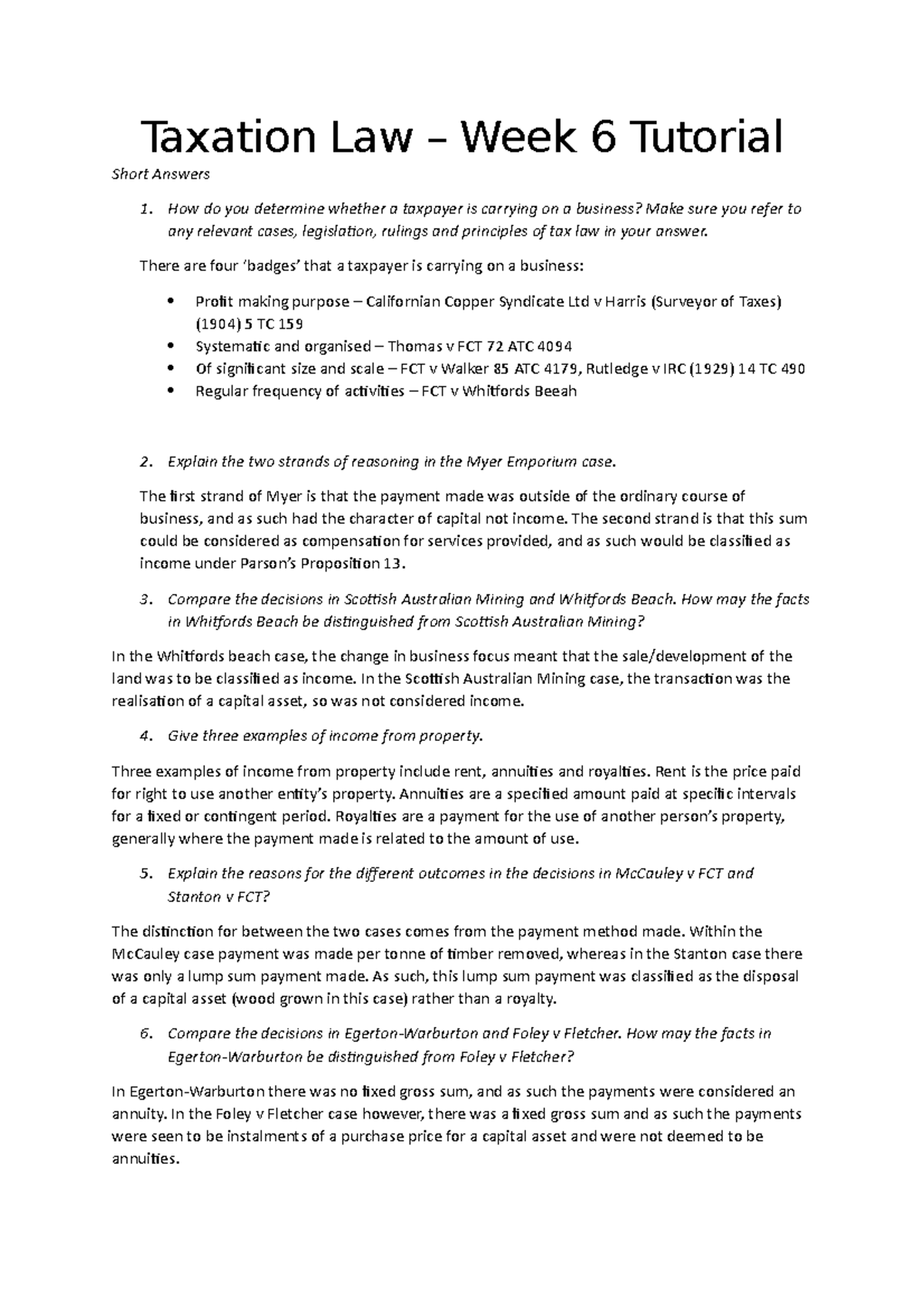 Taxation Law - Week 6 Tutorial Quesitons and Answers - 079017 - Studocu