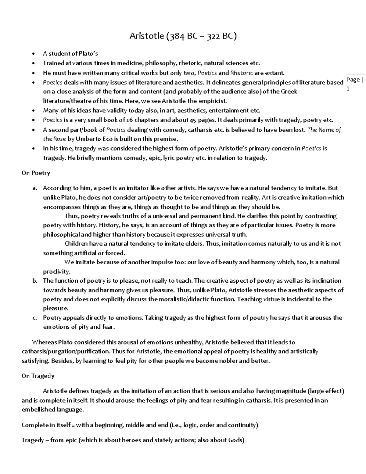 03. Aristotle - Page | 1 Aristotle (384 BC – 322 BC) A student of ...