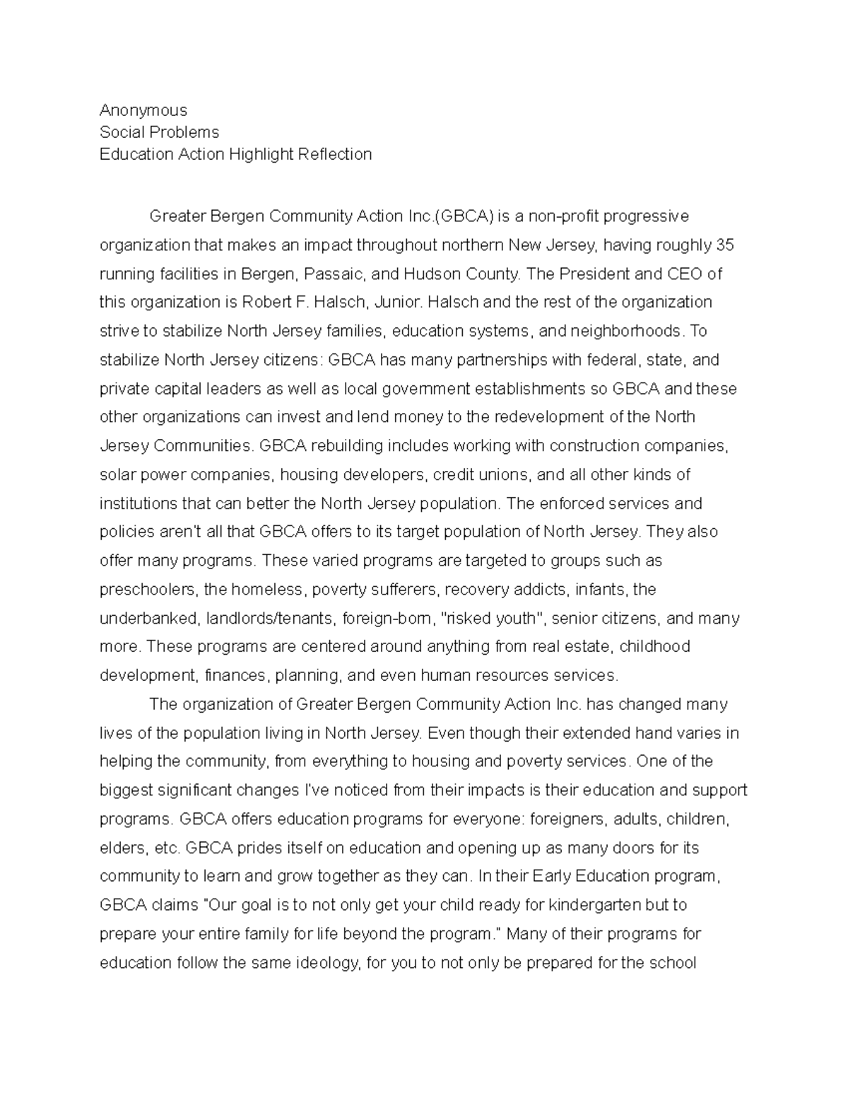 Social Problems - Education Action Highlight Reflection - Anonymous ...