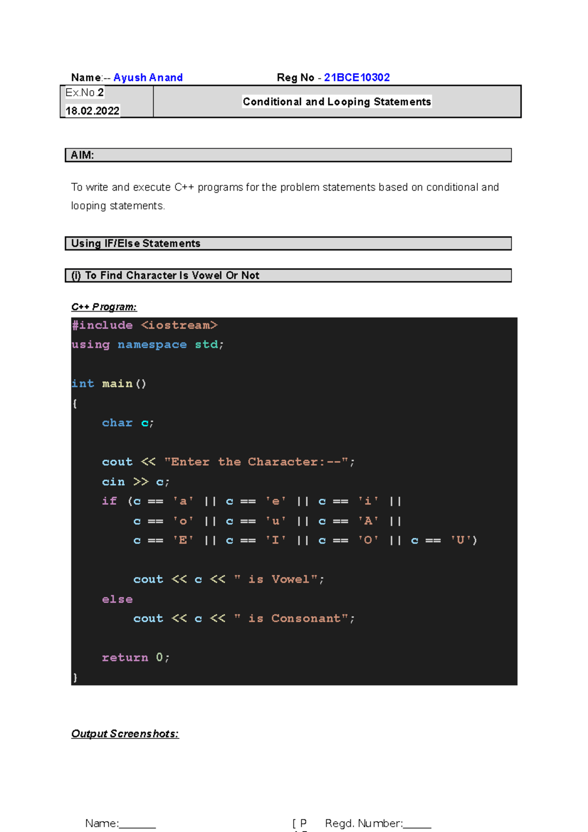 OOPS _Question Practice - Name:- Ayush Anand Reg No - 21BCE Ex. 2 18 ...