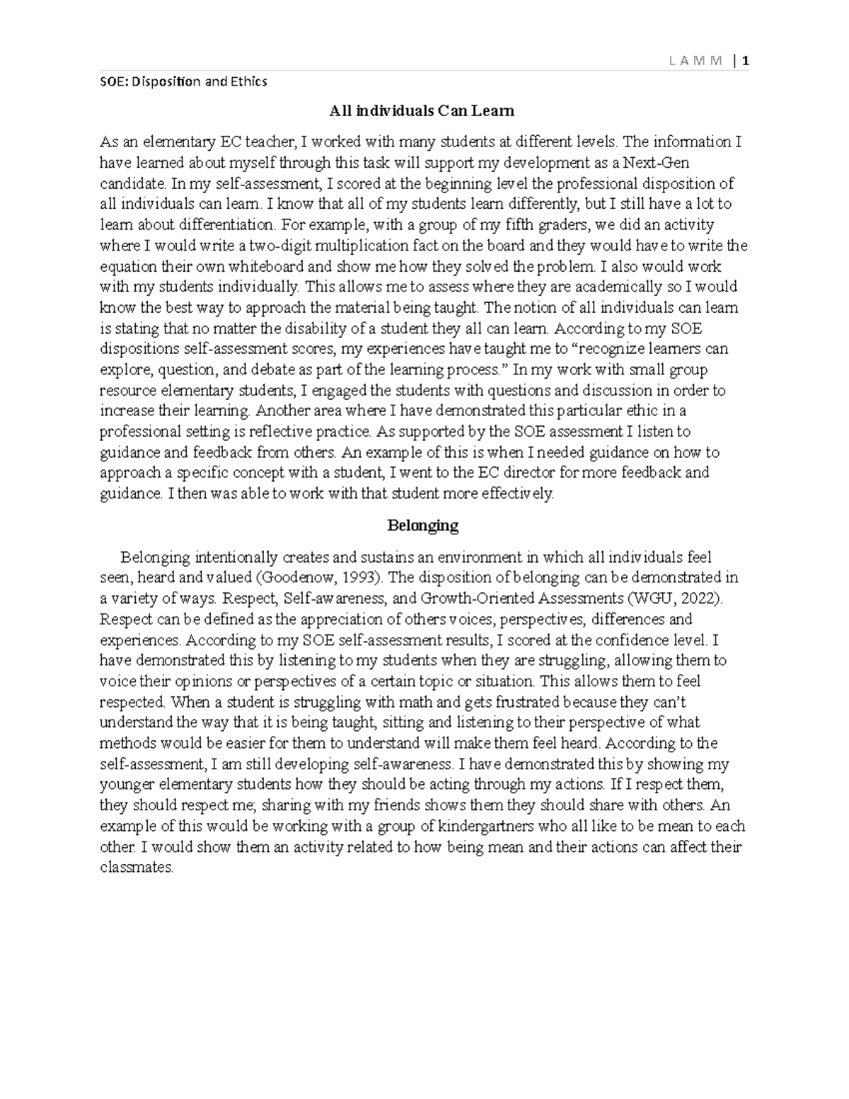 Dispositiions and Ethics - SOE: Disposition and Ethics All individuals ...