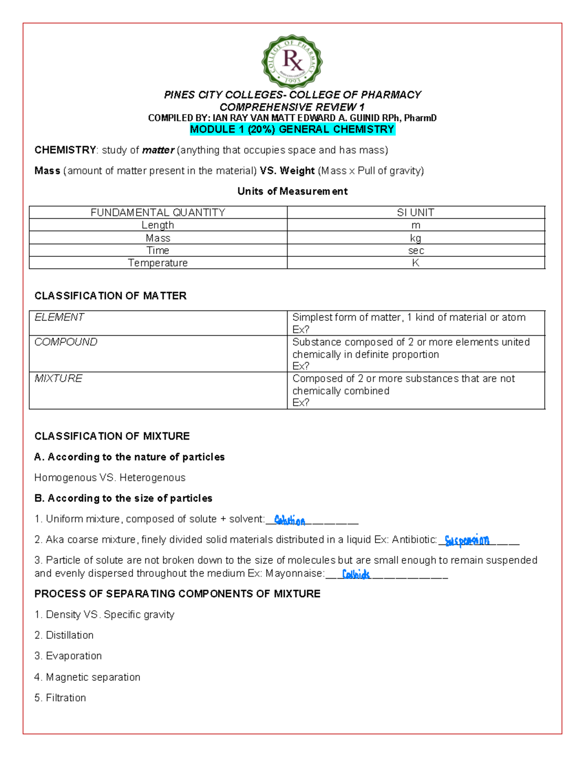 Chemistry Introduction - COMPREHENSIVE REVIEW 1 COMPILED BY: IAN RAY ...